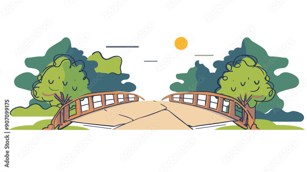 Whimsical cartoon illustration wooden bridge connecting two paths over ...