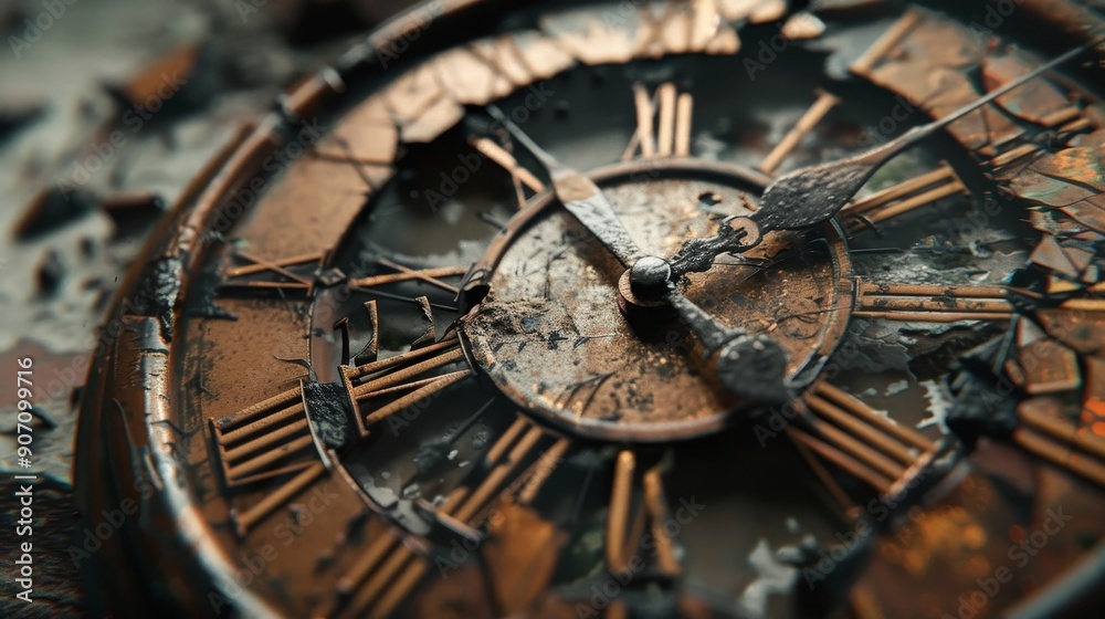 Time's Shattered Remains - Close-up of a weathered, broken clock face ...