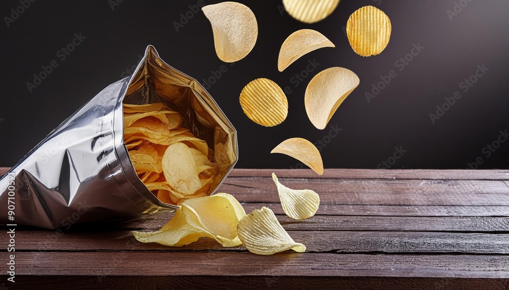 Potato chips tossed in the air with salt and chili pepper flakes ...