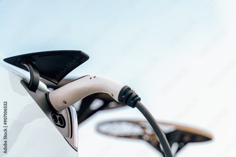 Closeup EV charger handle plugged in or connect to electric car ...