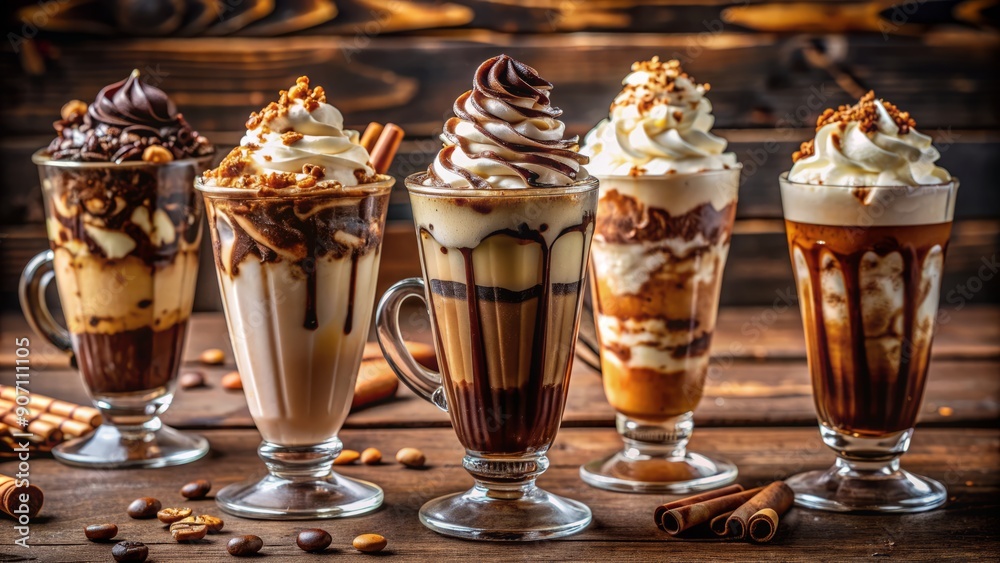 Richly decorated coffee shop counter displays assorted frappes in ...