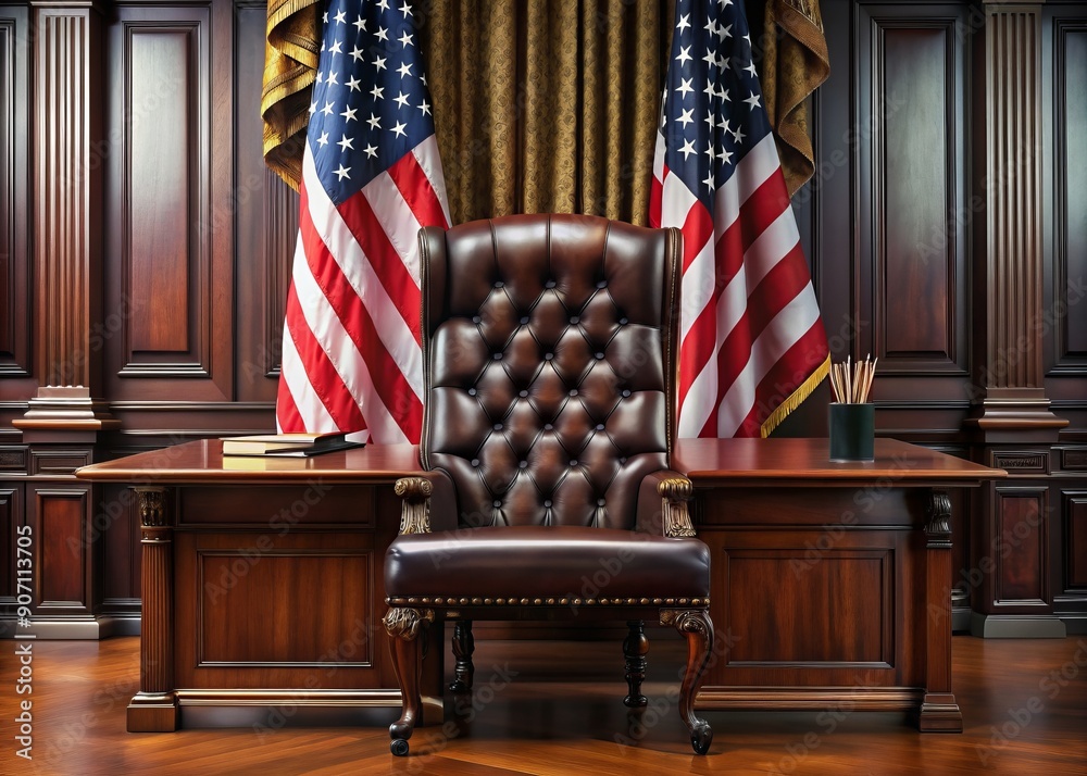 Formal dark-wood office setting featuring a stately table, high-back ...