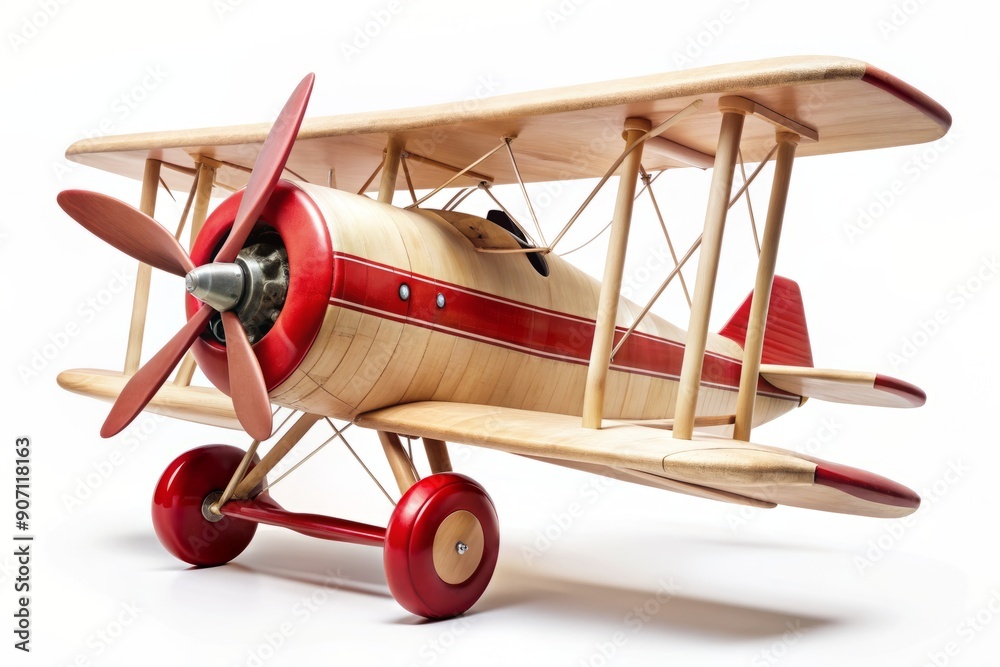 Retro wooden vintage biplane airplane with classic red and cream paint ...