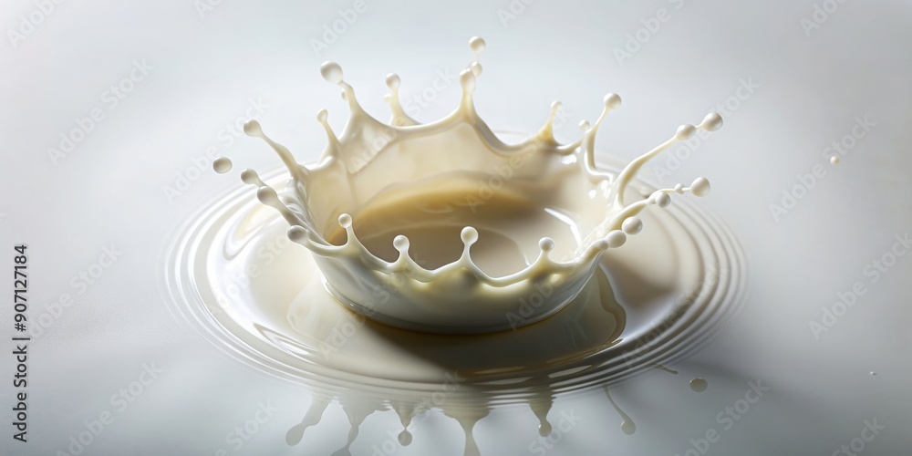 Top view of a milk crown splash in a milk pool with ripples, dairy ...