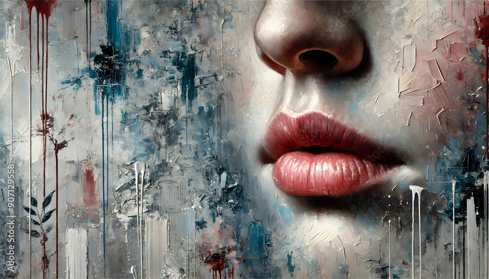 Abstract Lips and Face Close-Up, Oil painting to hang on the wall, Oil ...