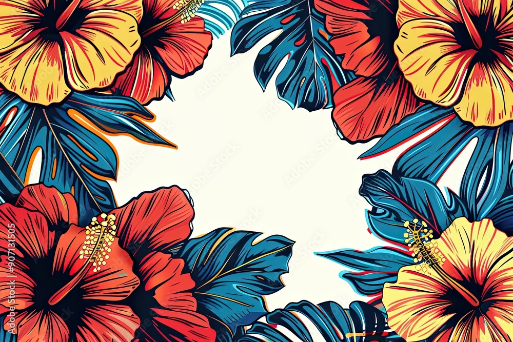 Vibrant Pop-Art Style Floral Frame with Bold Hibiscus and Tropical ...