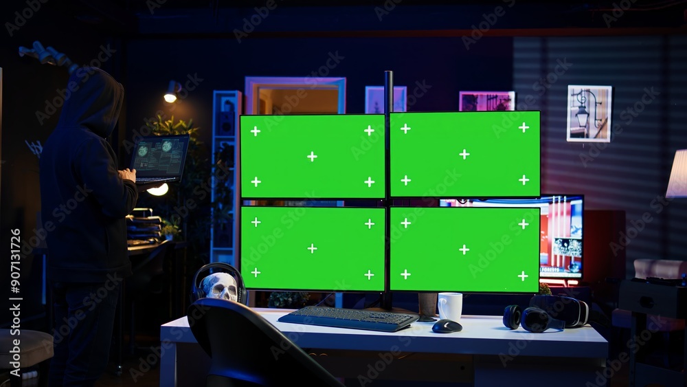 Hacker using isolated screen multi monitor PC setup, doing computer ...