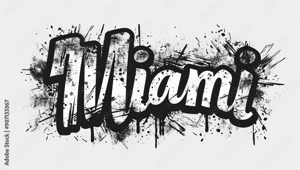 City name of Miami written in graffiti-style brush script lettering ...