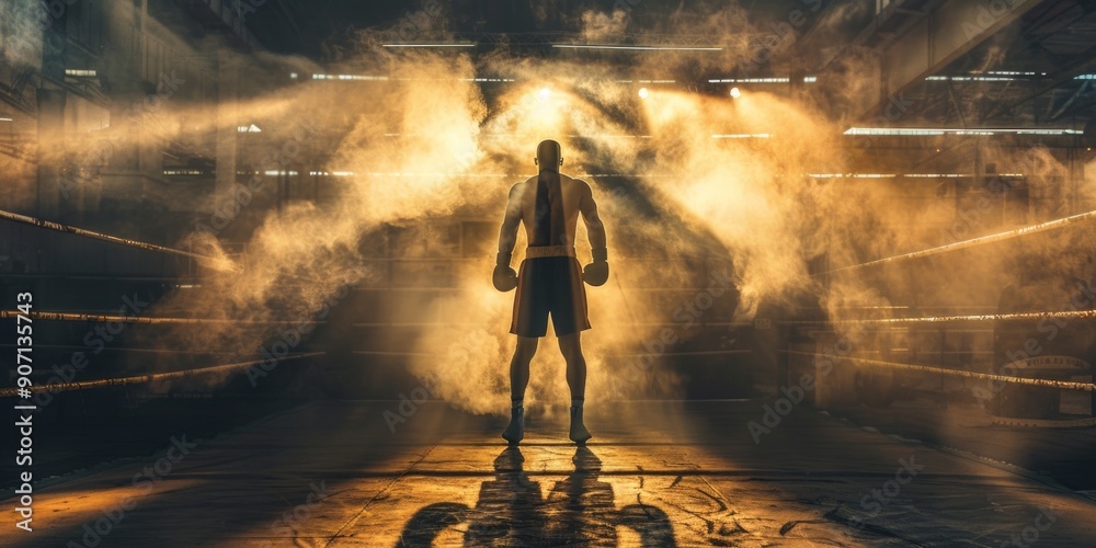 boxer stands in the center of a boxing ring, bathed in golden light ...
