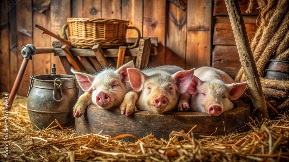 Three adorable pigs snuggle together, fast asleep on a rustic haystack ...