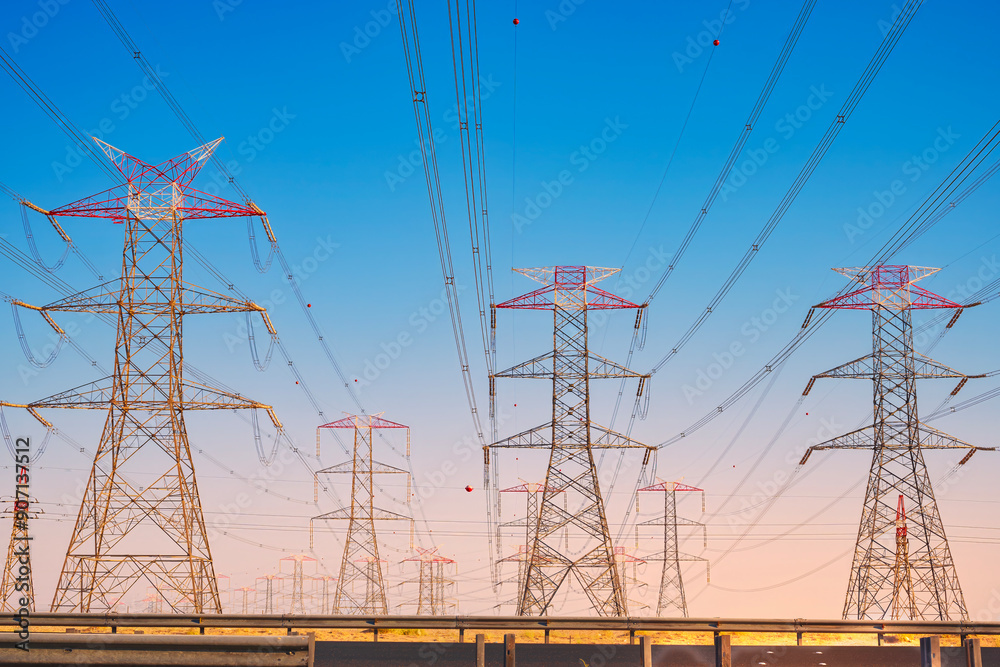 Overhead line pylons, high voltage pylons. Power transmission towers ...