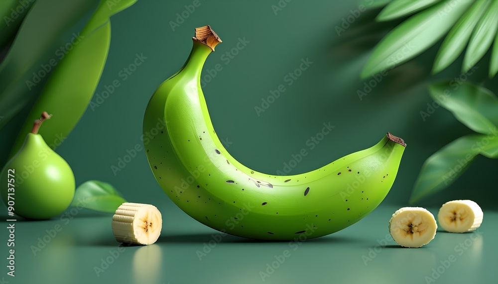 Still life display of green bananas against a tropical background, with ...