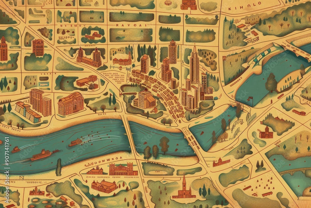 a map of a city with a river running through it, detailed map of a city ...