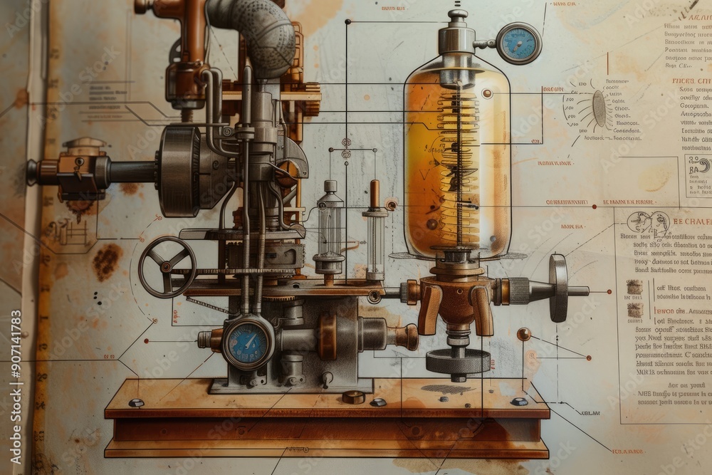 a drawing of a steam engine and a water pump, diagram explaining the ...