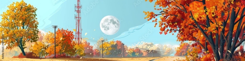Autumn scene with tall radio station featuring phone radio repeaters ...