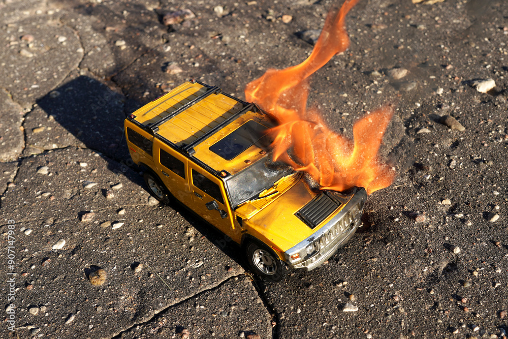 Burning car. Short circuit Causes a Car to Catch on Fire. Vehicle Fire ...