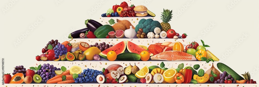 Food Pyramid Illustration - Healthy Eating Guide with Fruits ...