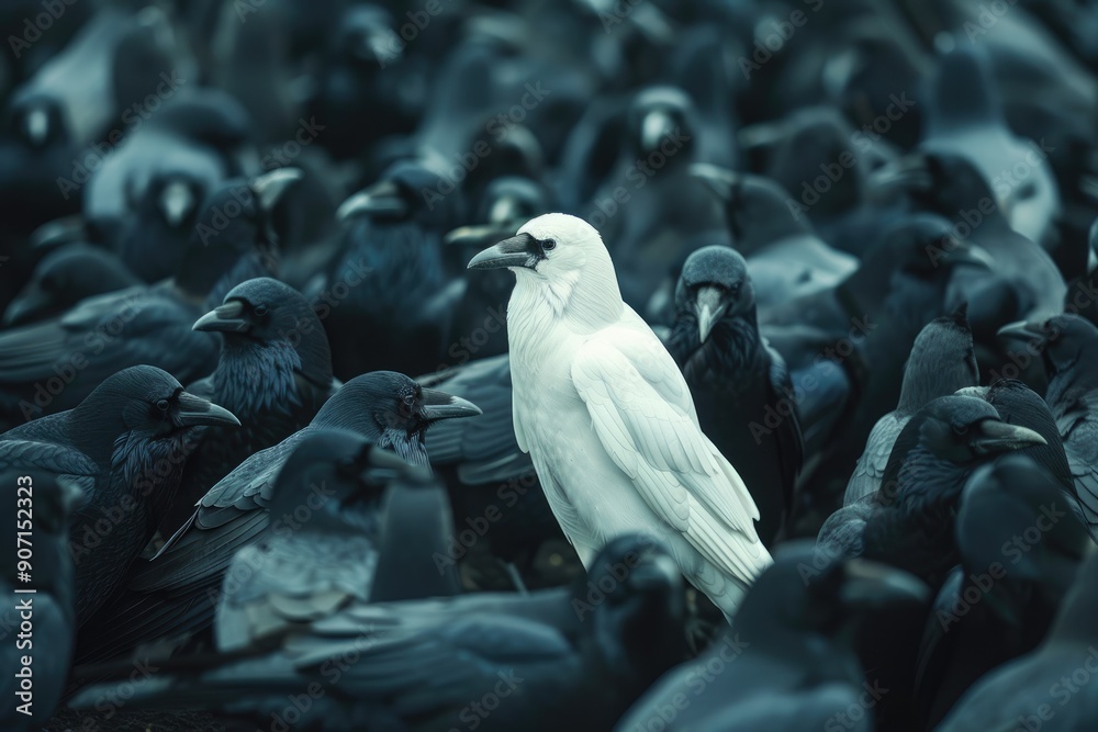 Uncommon sight - a white crow in a flock of black crows, illustrating ...
