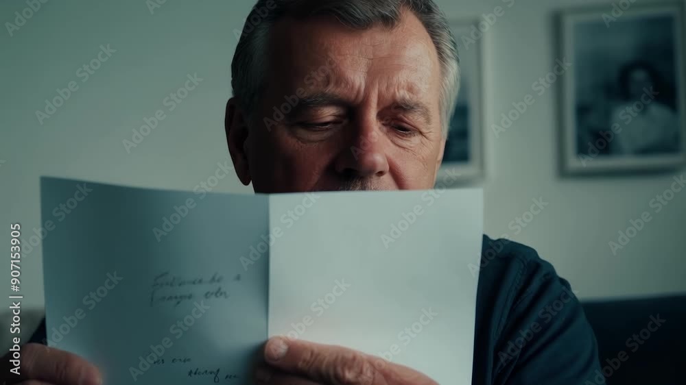 A middleaged man with tears rolling down his face reading a heartfelt ...