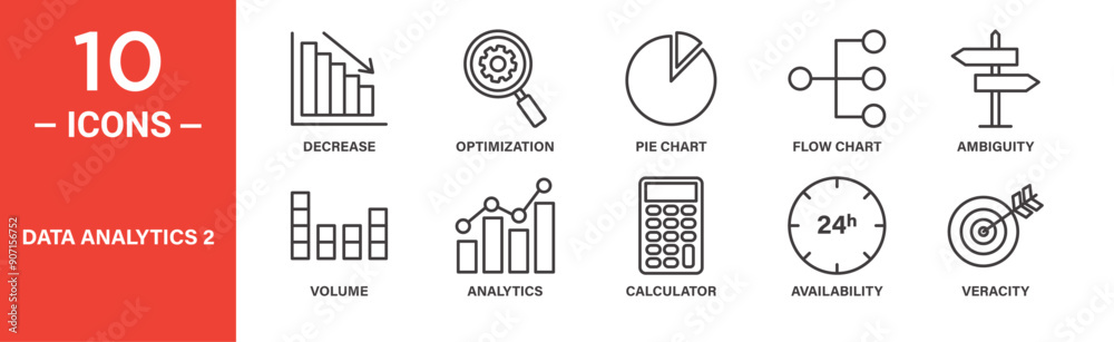 Data analytics, icon set. Decrease, optimization, pie chart, flow chart, ambiguity, icons ...