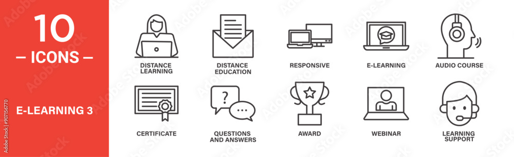 E-learning icon set. Distance learning, distance education, responsive, e-learning, audio course ...