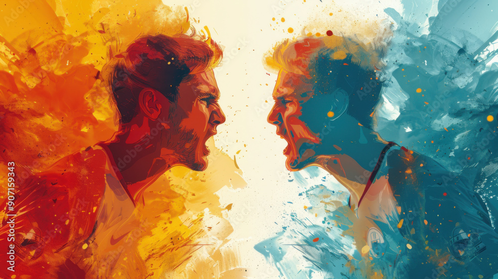 Dynamic illustration depicting two men facing off with fiery red and ...