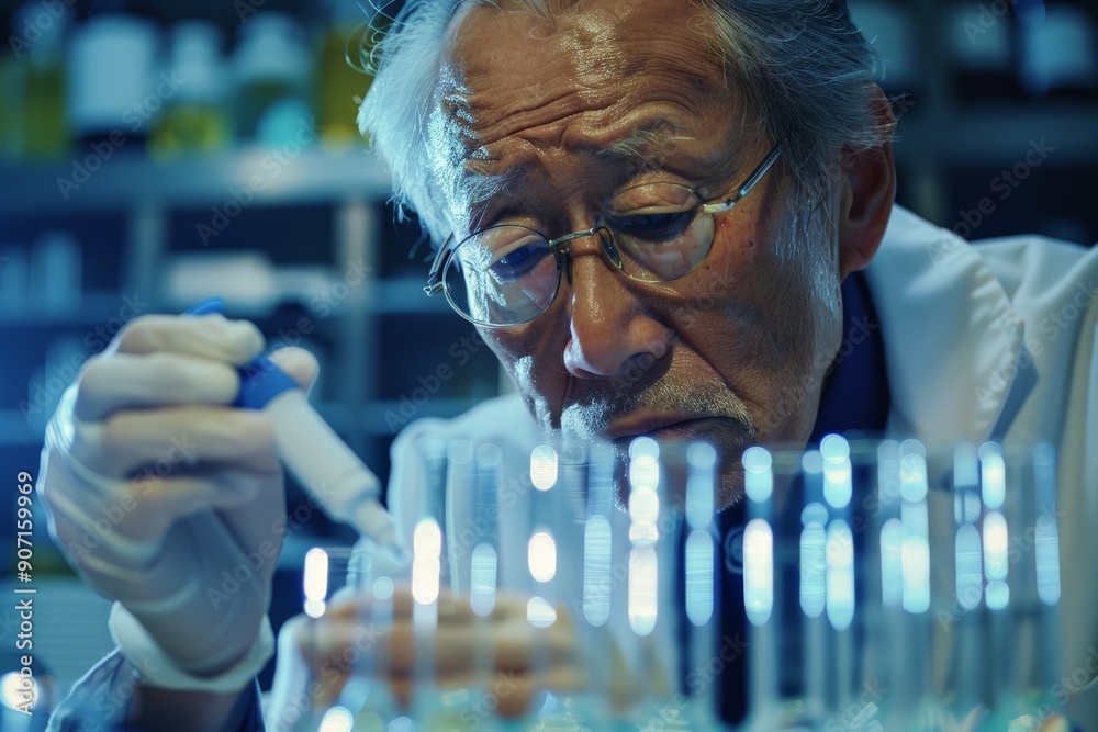 An elderly scientist in a lab coat is using a pipette to transfer ...