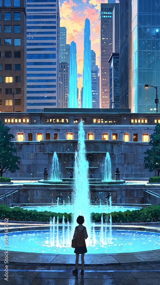 busy city square with fountains background vertical backdrop ...