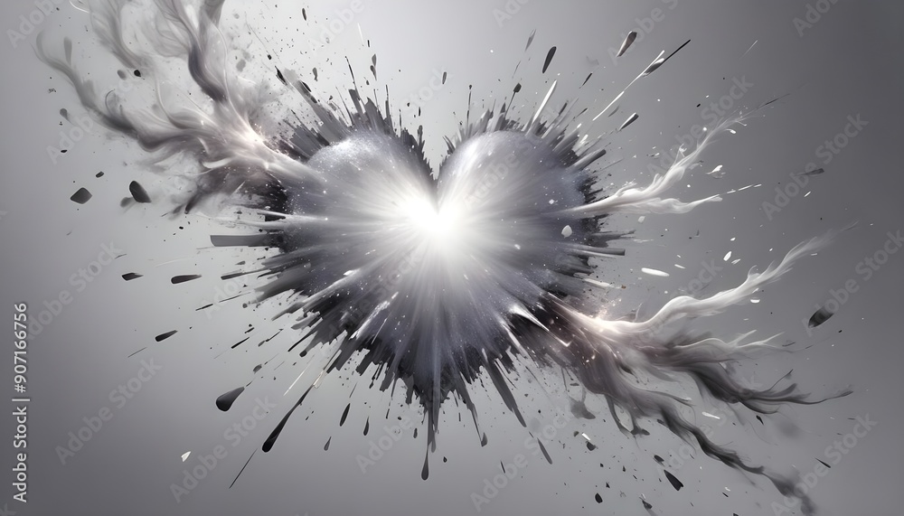 Abstract image of a silver heart exploding into a burst of light and ...