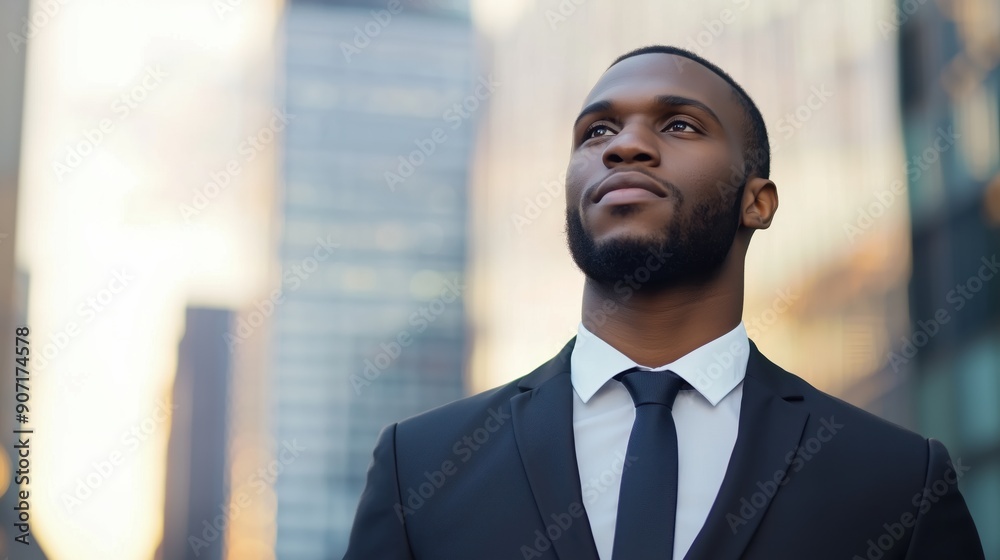 Happy wealthy rich successful black businessman standing in big city ...