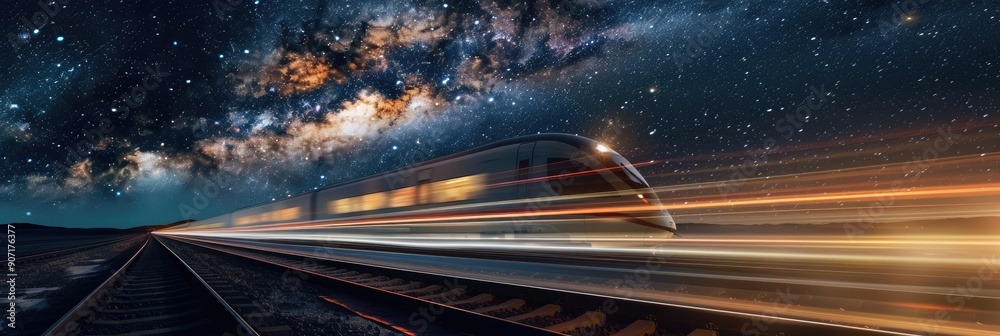 Modern high speed train in motion under the starry night sky with the ...