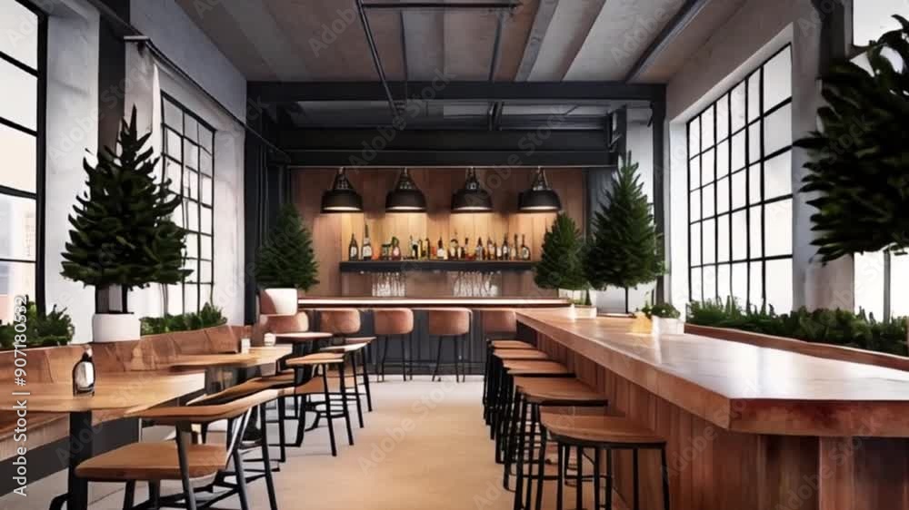 the interior is a loft-style bar with modern wooden furniture, large ...