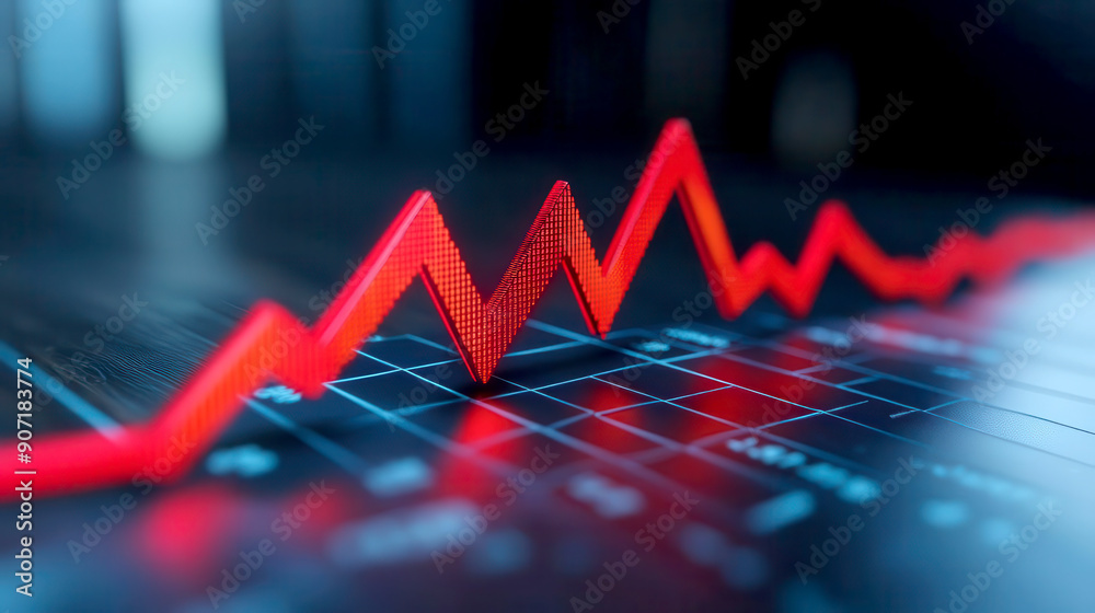 Close-up of a red trend line on a financial chart, illustrating market ...