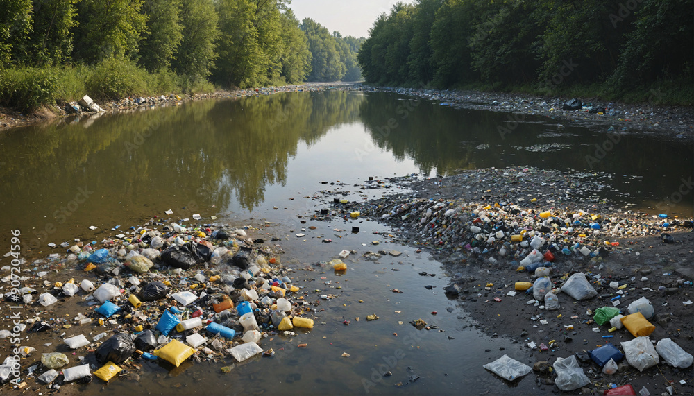 A polluted riverbank littered with garbage reflecting surrounding ...