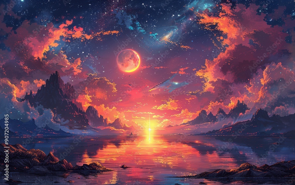 Fantasy Sunset Landscape Illustration with Mountains, Sky, Stars, and ...