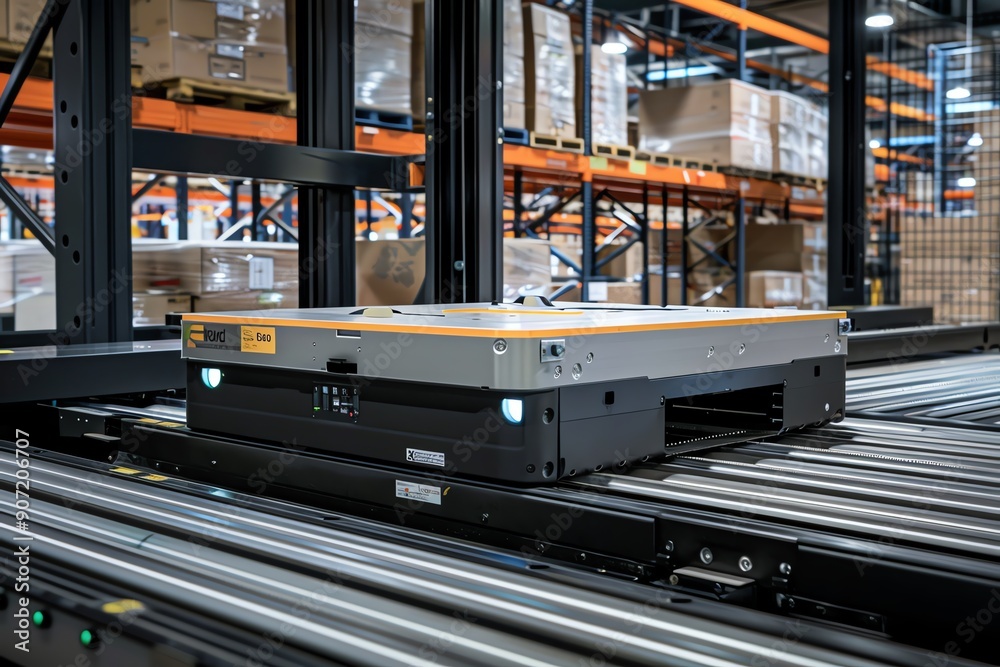 Automated guided vehicle (AGV) in a warehouse facility transporting goods on a conveyor system ...