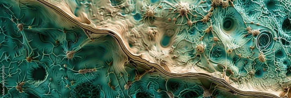 Thin human skin dermis with visible collagen fibers green and multiple ...