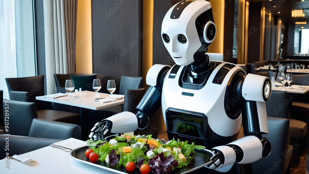 Humanoid robot serving foods and water at fancy restaurant, server ...