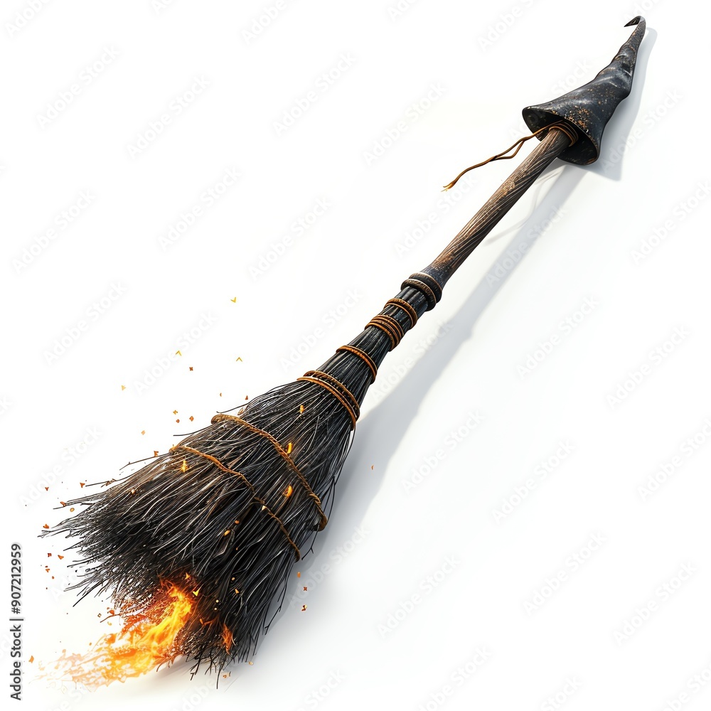 Vintage broom with a burning tip, resembling a witch's broomstick ...