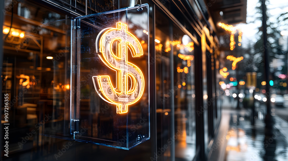 Signboard with neon lights shaped like a dollar symbol, futuristic 3d ...