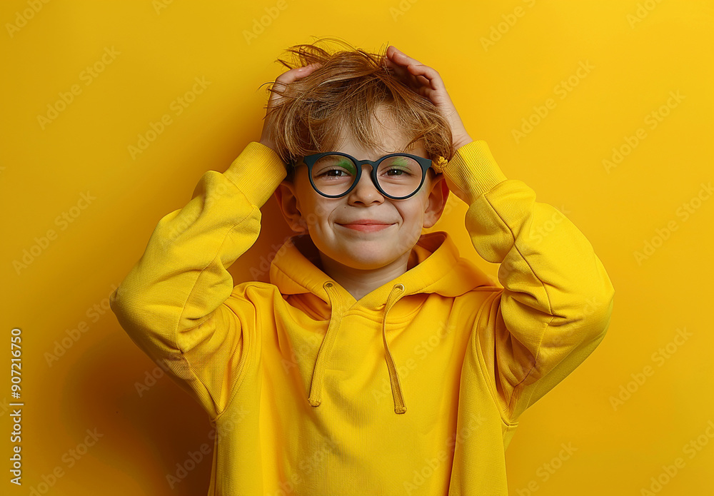 Portrait of a little curly boy in glasses on a bright green background ...