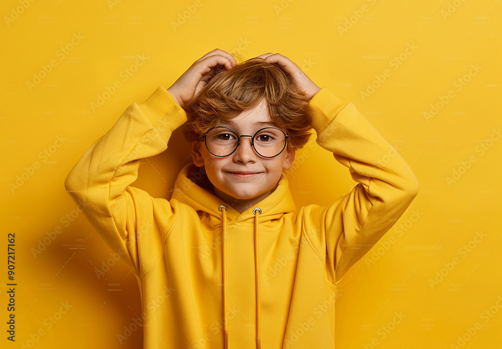 Portrait of a little curly boy in glasses on a bright green background ...