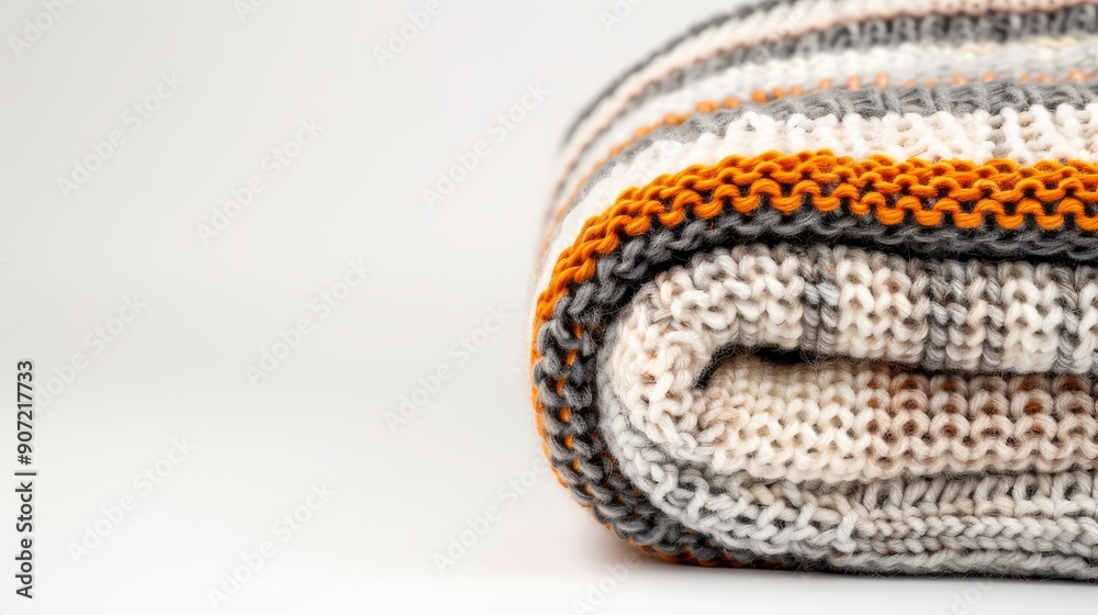 Folded striped knitted blanket, showcasing texture and colors, isolated ...