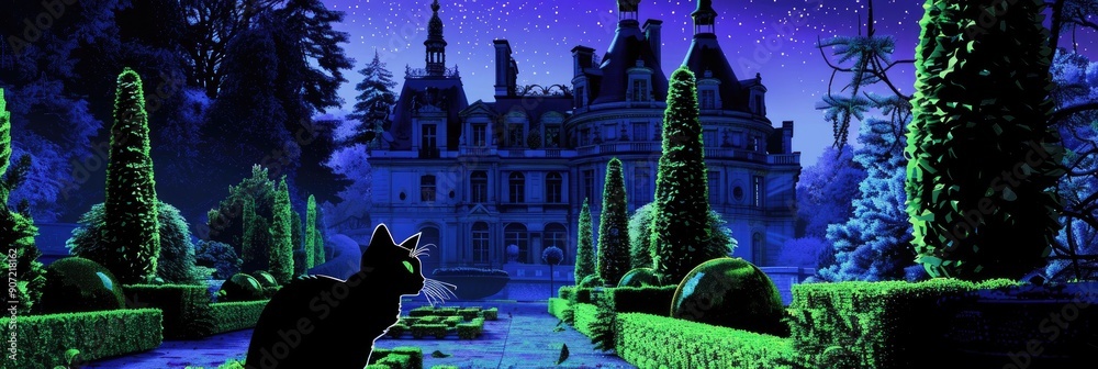 Modern digital style night scene featuring an animated Maine Coon cat ...