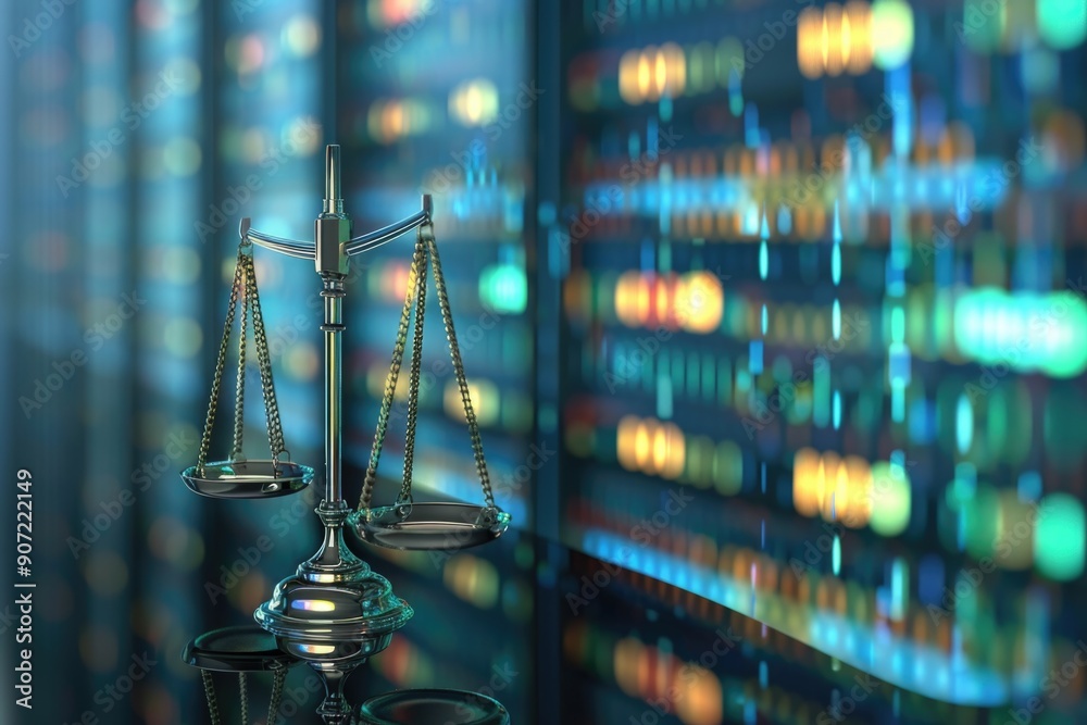 A scale of justice sits atop a table, symbolizing fairness and equality ...