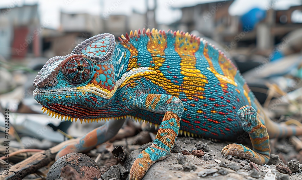 Pollution and natural habitat destruction depicted with a chameleon ...