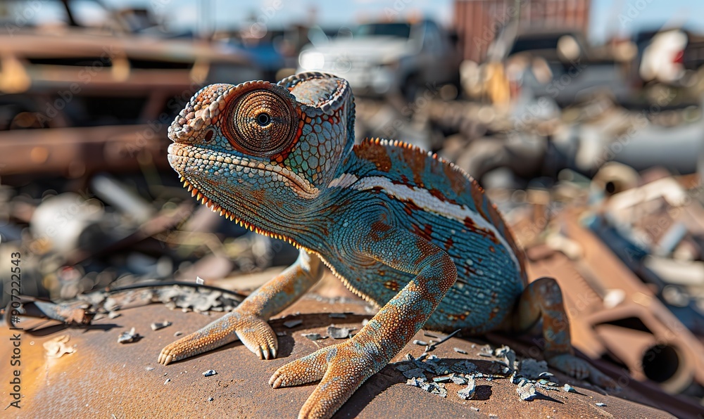 Pollution and natural habitat destruction depicted with a chameleon ...