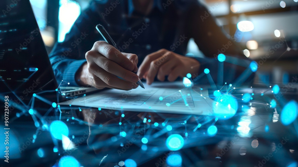 Person Signing Documents with Pen and Network OverlayA person signing a ...