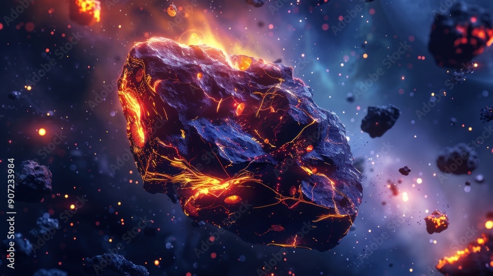 Meteorite asteroid made of futuristic shiny ice rock, floating in space ...