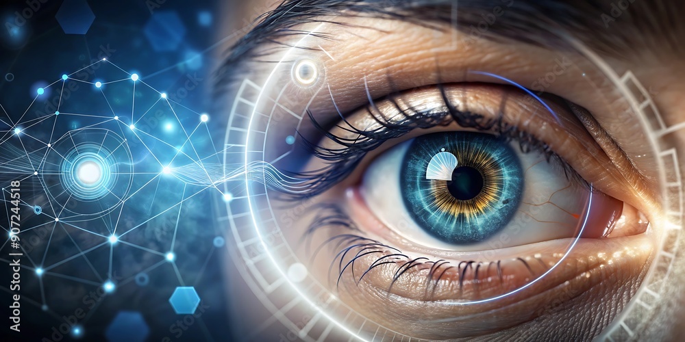 A detailed human eye with floating optical symbols and vision diagrams ...
